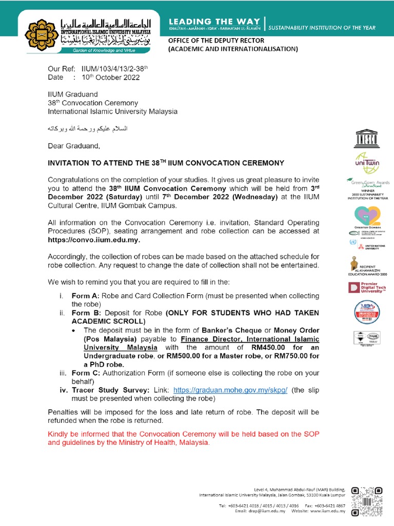 Invitation Letter For 38th IIUM Convocation - IIUM CONVOCATION | PDF