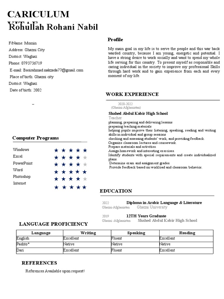 Cariculum Vitae: Rohullah Rohani Nabil | PDF