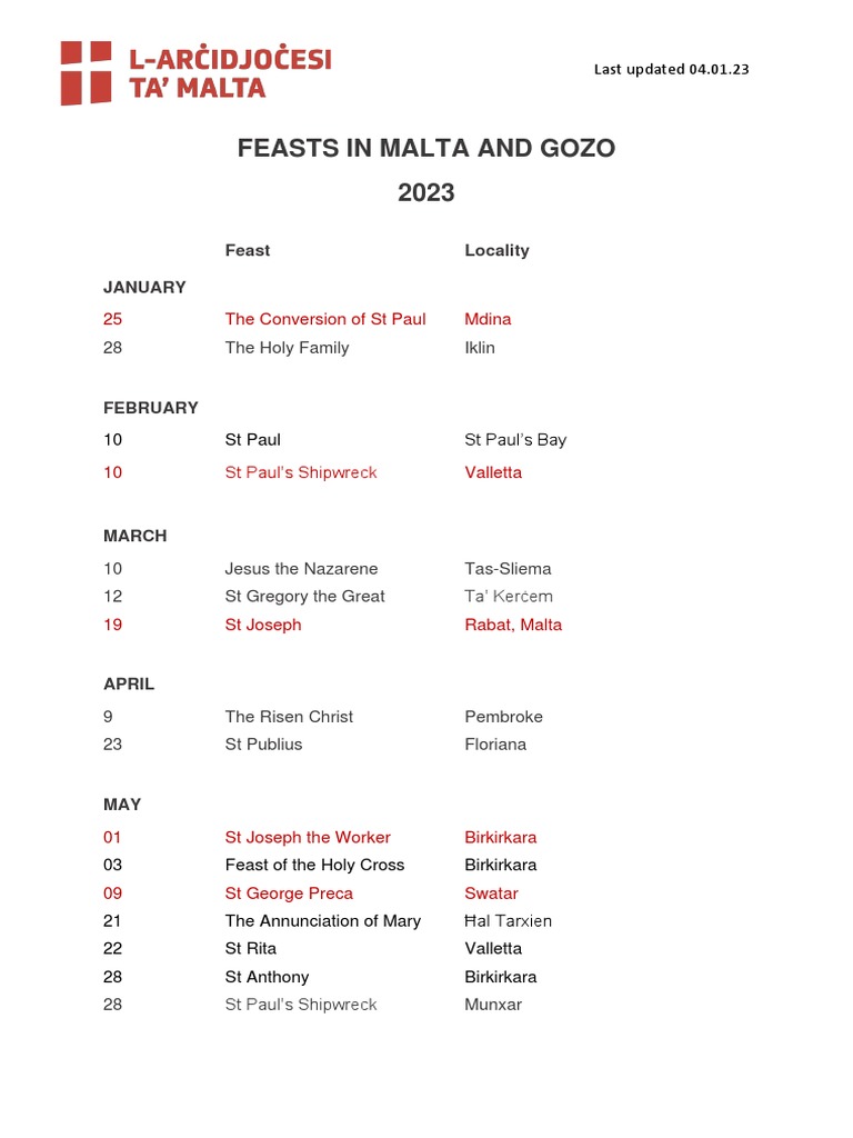 Feasts in Malta and Gozo 2023 | PDF