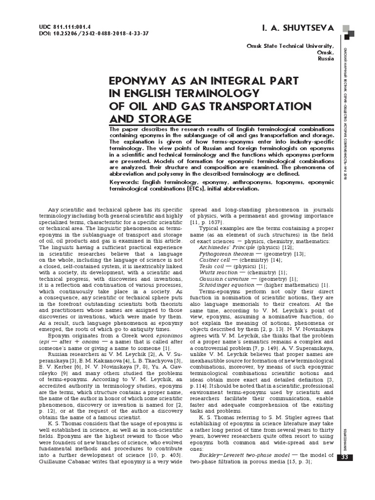 Eponymy As An Integral Part in English Terminology of Oil and Gas ...