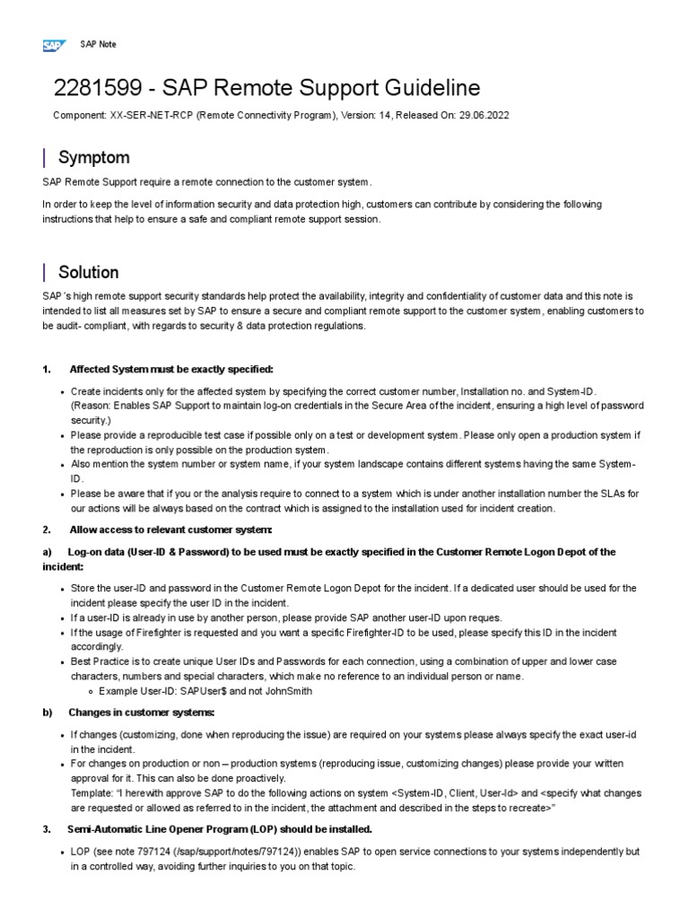 SAP Remote Support Guideline | PDF | Computing | Information Technology