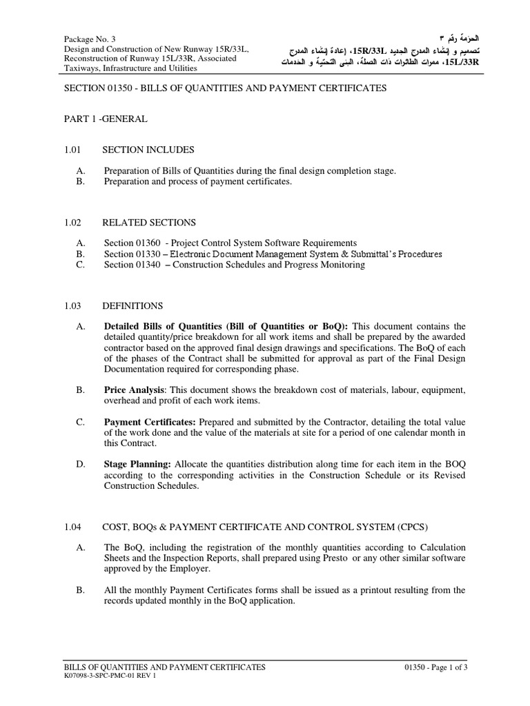 BILLS OF QUANTITIES AND PAYMENT CERTIFICATES Rev.1 | PDF