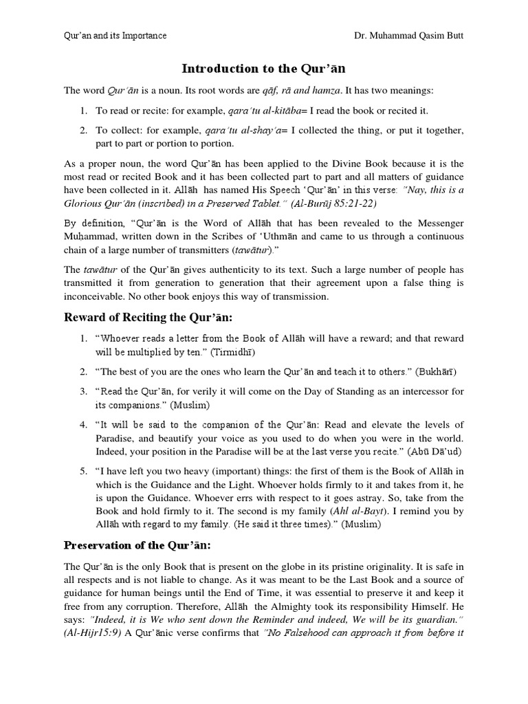 Importance and Preservation of the Qur'an | PDF | Quran | Islam