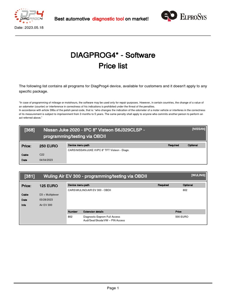 DiagProg4 Software Price List | PDF | Technology & Engineering