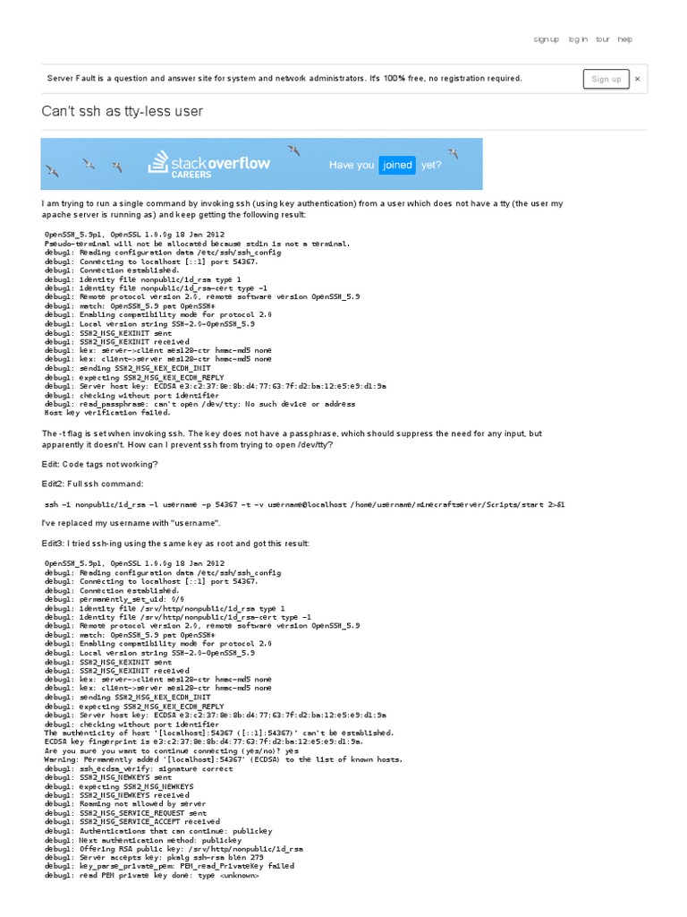 Linux Cant Ssh As Tty Less User Server Fault Pdf Secure Shell Computer Terminal
