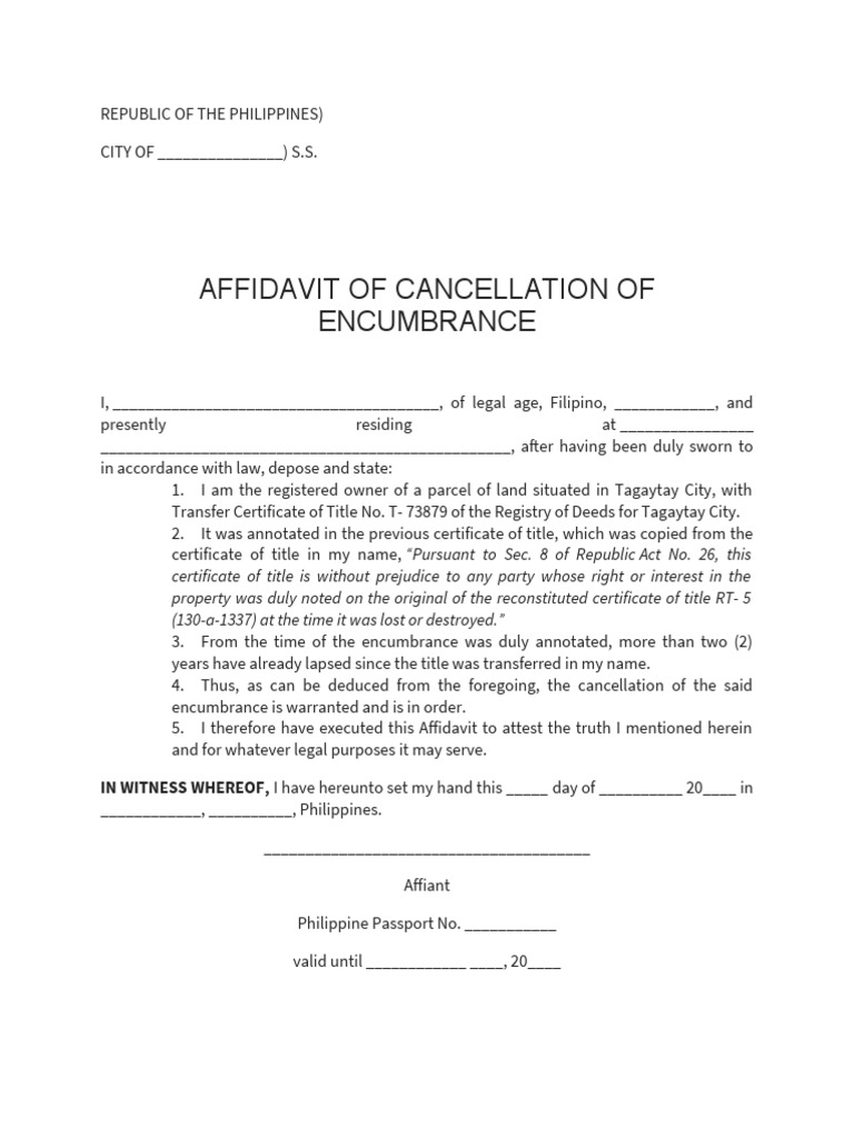 Affidavit Cancellation of Encumbrance | PDF