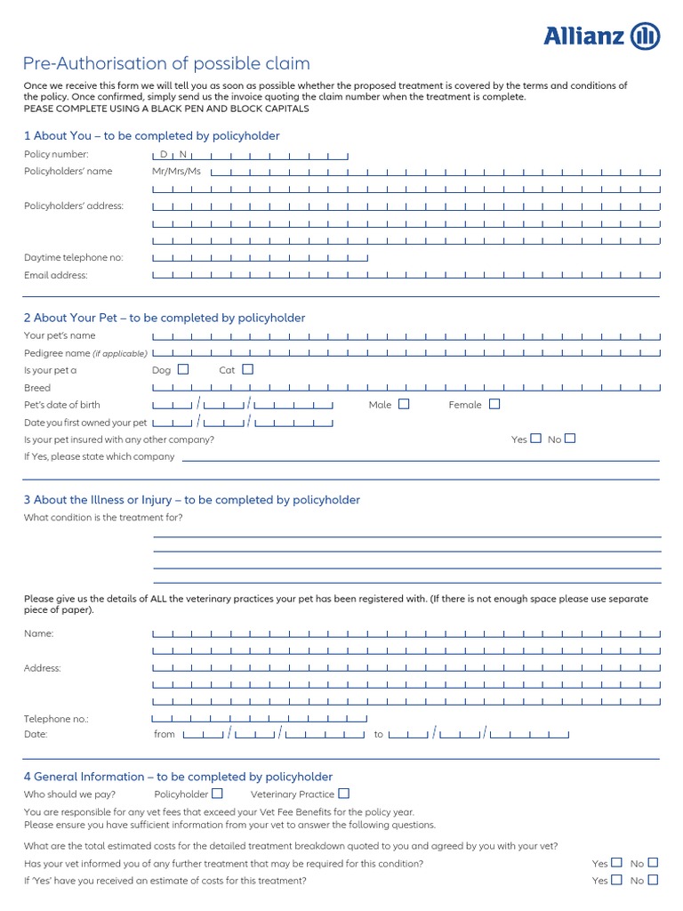 Allianz Pet Insurance Pres Authorisation Claim Form | PDF