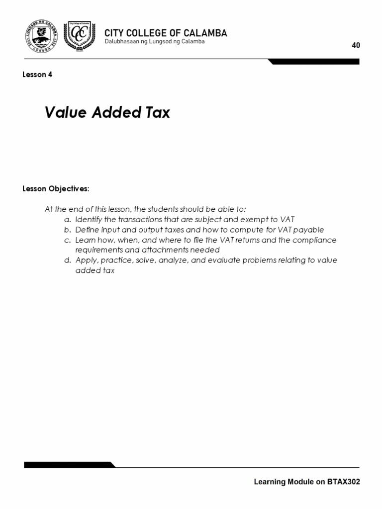 Btax302 Lesson4 Valueaddedtax | PDF | Value Added Tax | Taxes