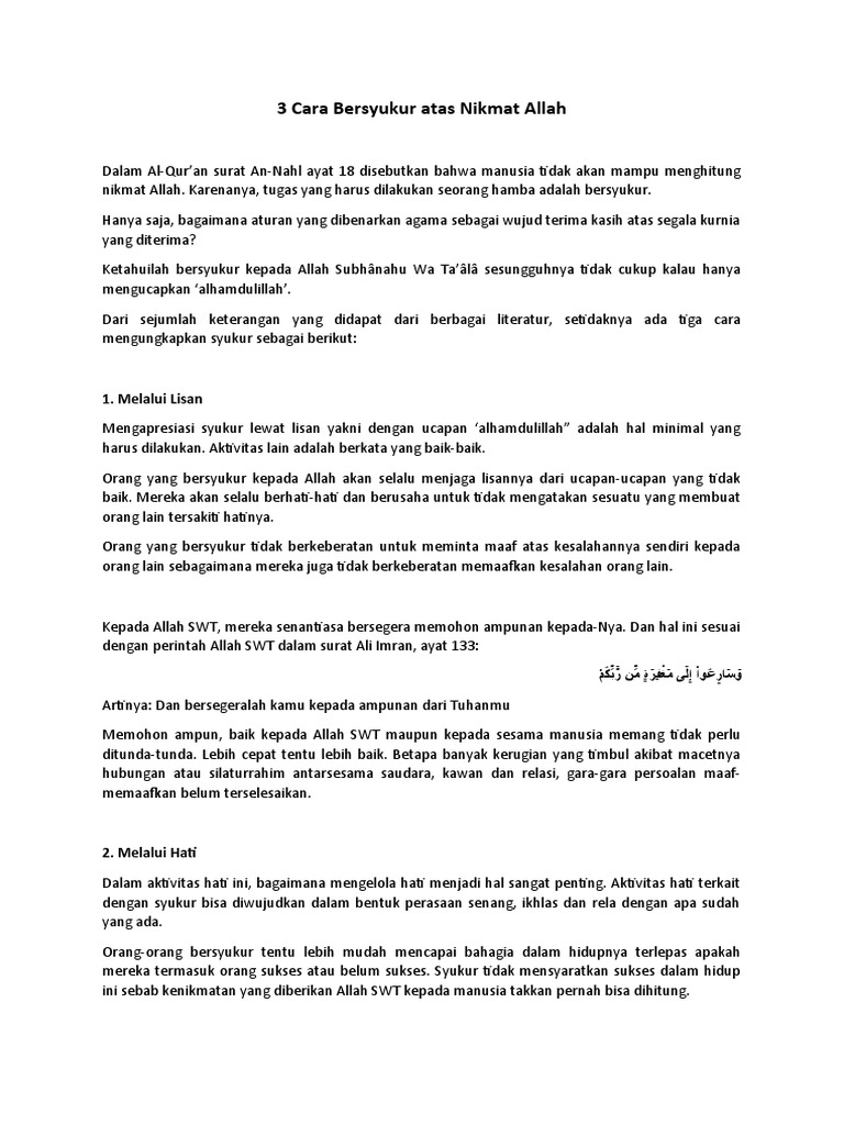 3 Cara Bersyukur Atas Nikmat Allah | PDF