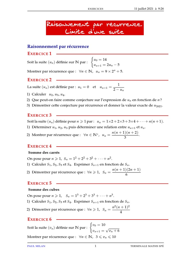 02 Exos Raisonnement Recurrence Limite Suite | PDF