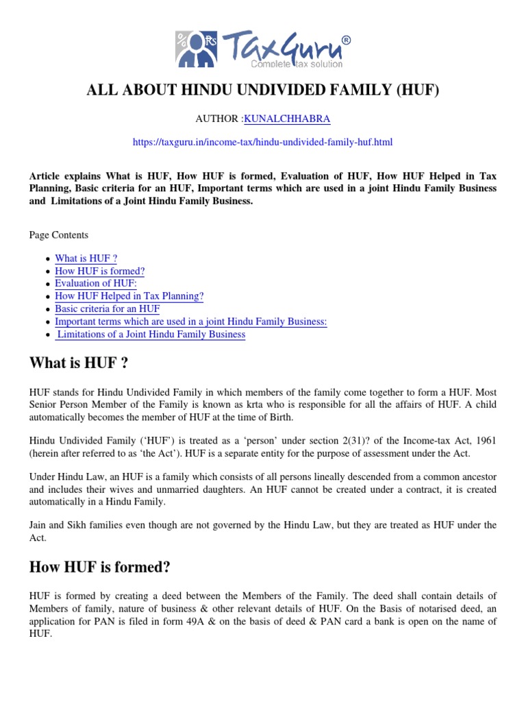 Understanding Hindu Undivided Family (HUF) | PDF | Government Finances ...