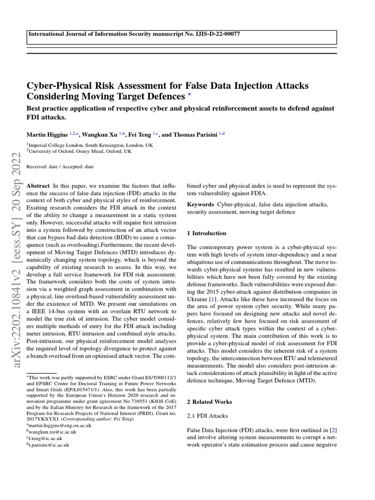 050 Cyber Physical Risk Assessment For False Data Injection Attacks Considering Moving Target