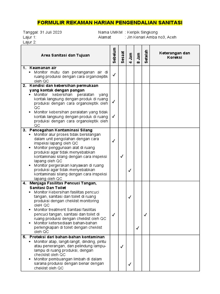 Form 2b. Form Rekaman Harian SSOP | PDF