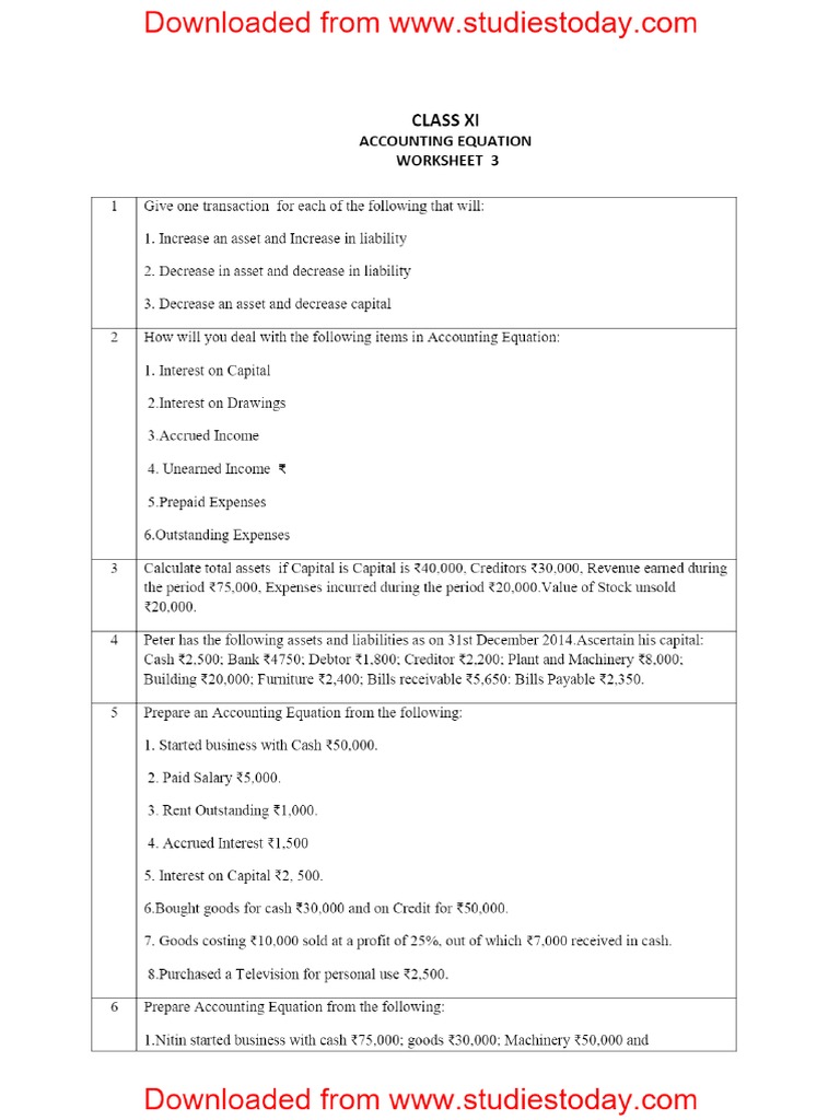 CBSE Class 11 Accountancy Accounting Equation Worksheet Set B | PDF