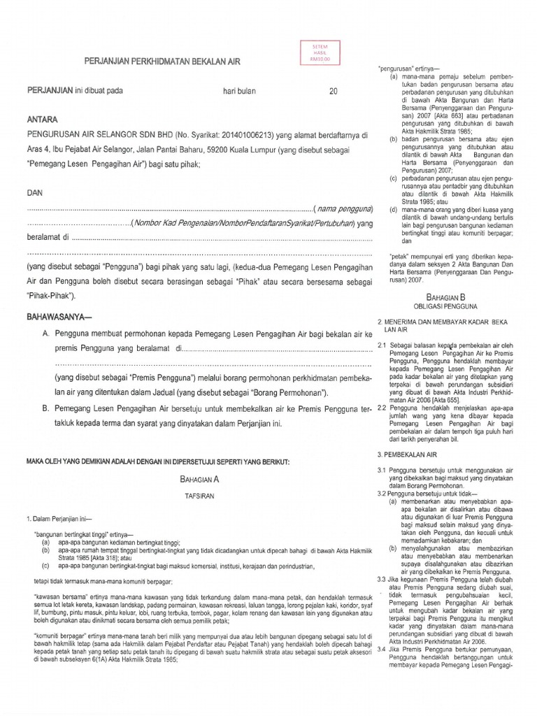 Perjanjian Perkhidmatan Bekalan Air | PDF