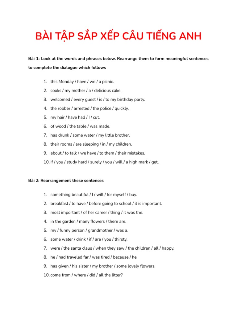 BÀI TẬP SẮP XẾP LẠI CÂU | PDF