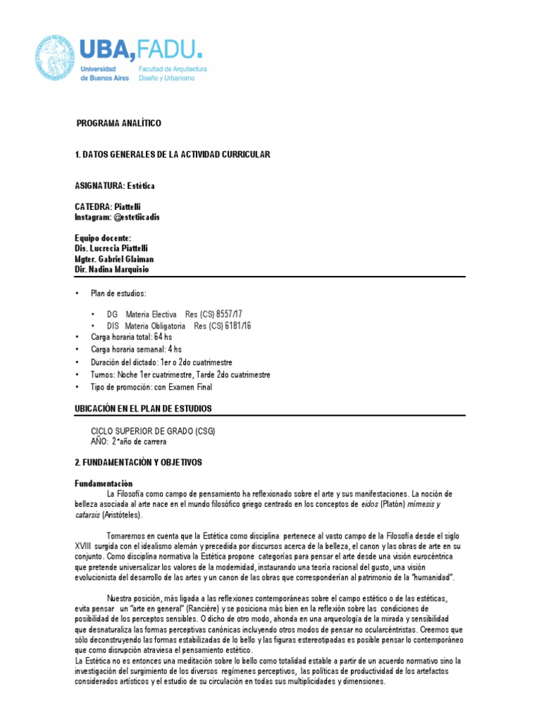 Programa ESTETICA-Piattelli | PDF | Estética | Pensamiento