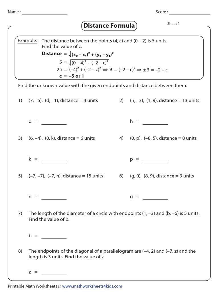 Distance Formula Math Worksheets | PDF | Teaching Methods & Materials