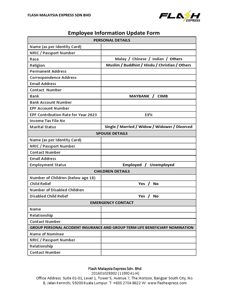 Flash Express Malaysia - Employee Information Form 2023 | PDF