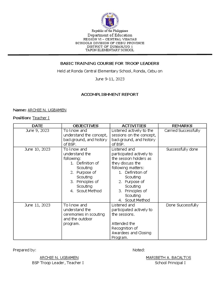 Accomplishment Report BSP | Download Free PDF | Scouting | Youth ...