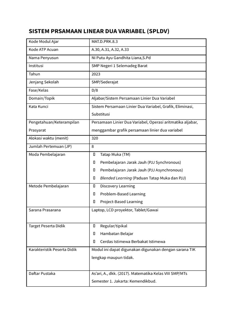 Modul Ajar VIII SPLDV | PDF | Metode & Bahan Ajar | Seni