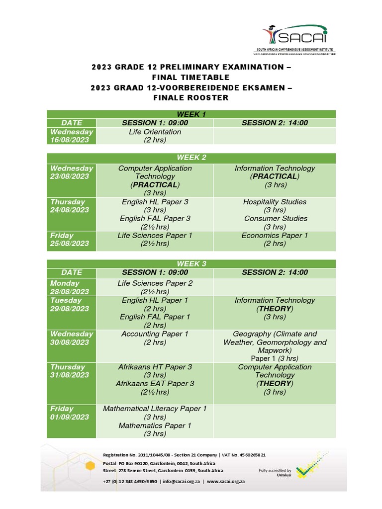 23 NSC Final Prelim Timetable | PDF | Science