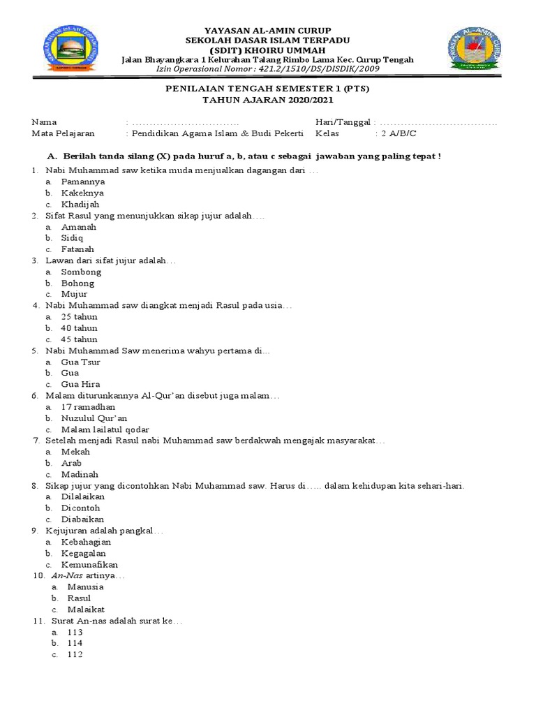 Soal PAI Kls 2 A B C | PDF