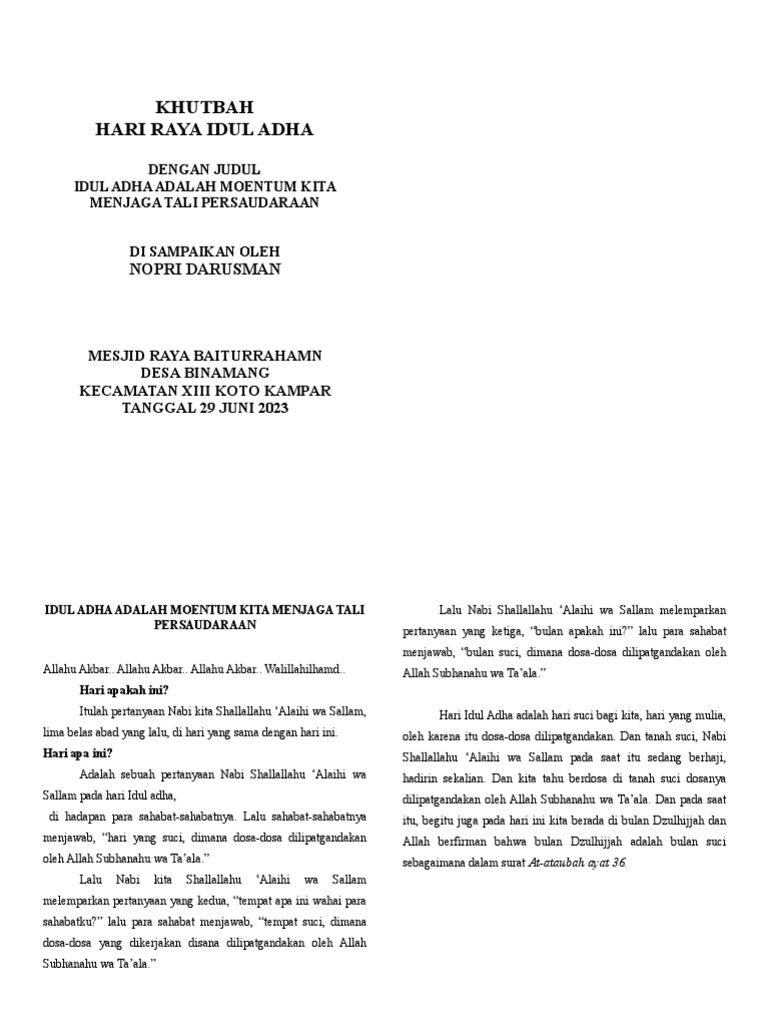 IDUL ADHA ADALAH MOENTUM KITA MENJAGA TALI PERSAUDARAAN Nopri Darusman ...