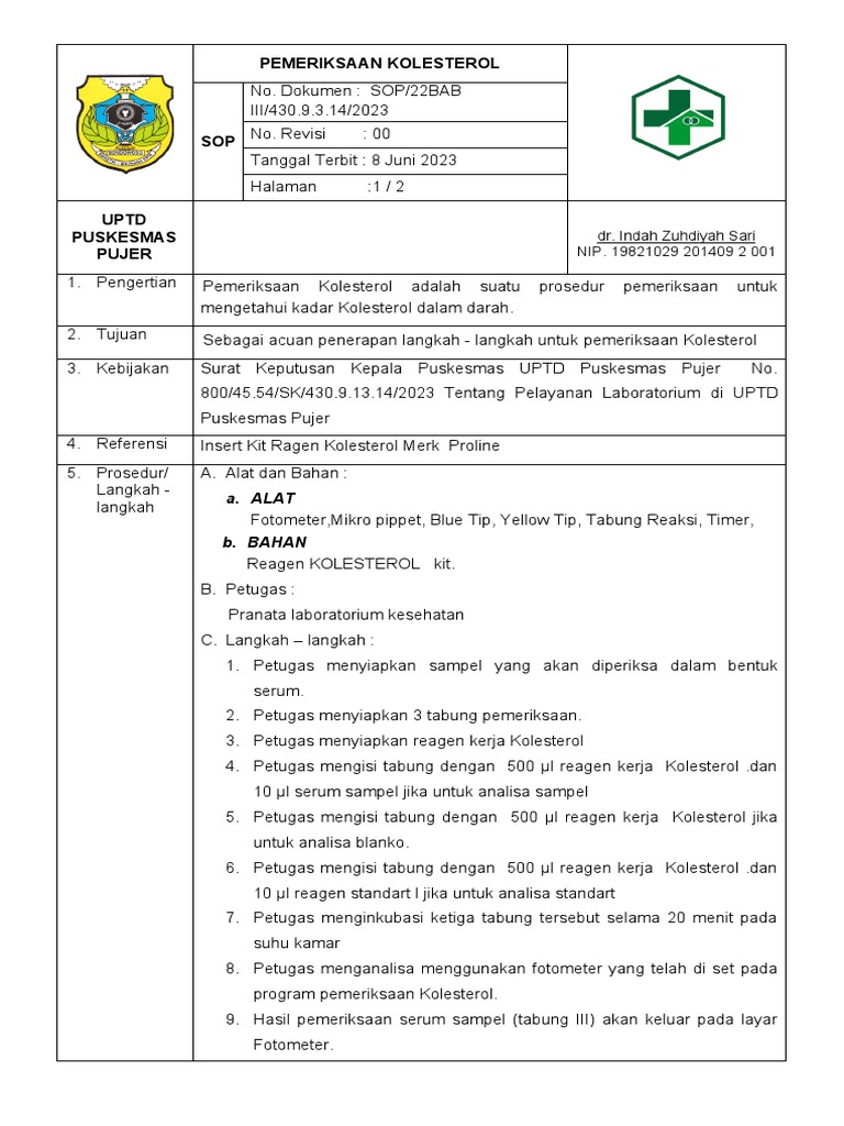 7.2 SOP Pemeriksaan Kolesterol Proline | PDF