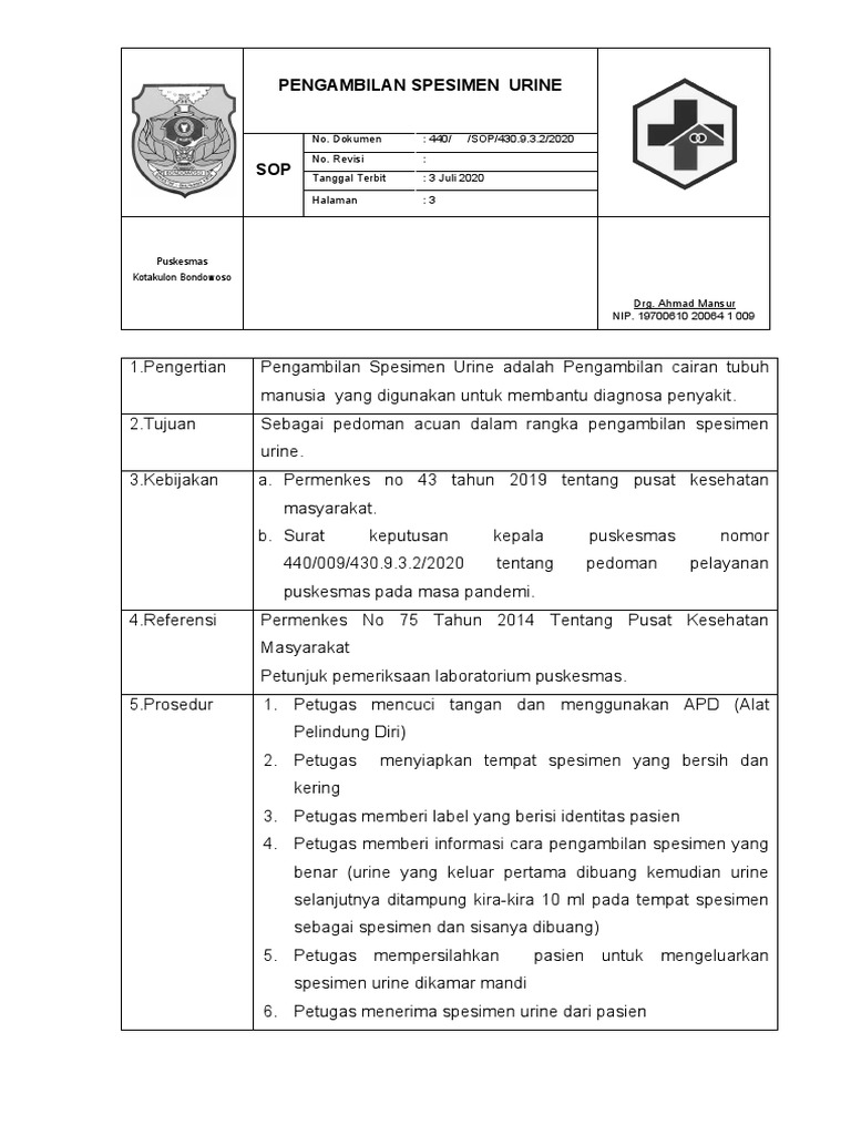 SOP Pengambilan Spesimen Urine | PDF