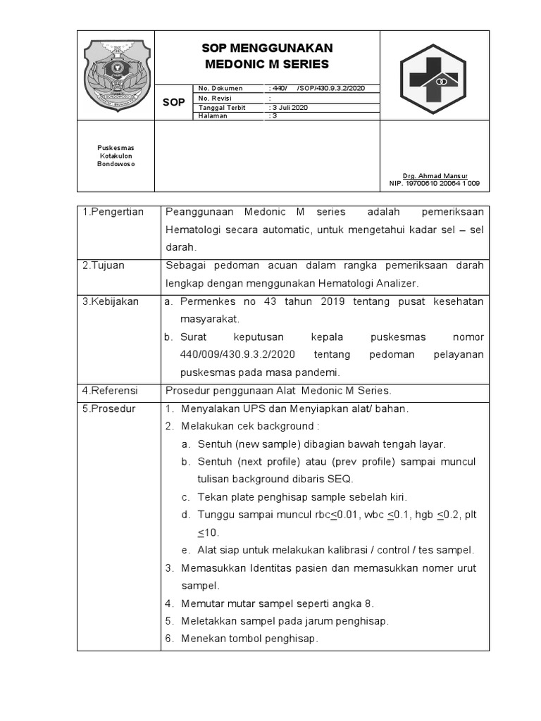 Sop Menggunakan Alat Medonic M Series | PDF