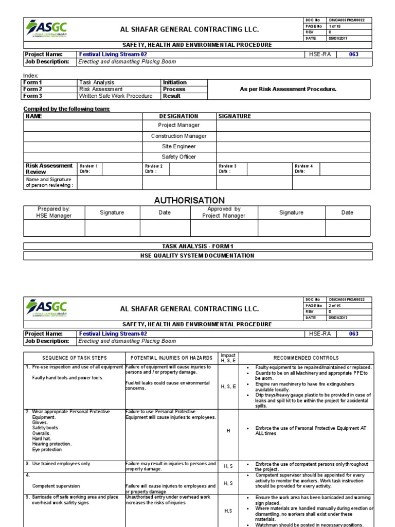 HSE-RA-063 Erecting and Dismantling of Placing Boom - Rev 0 | PDF ...