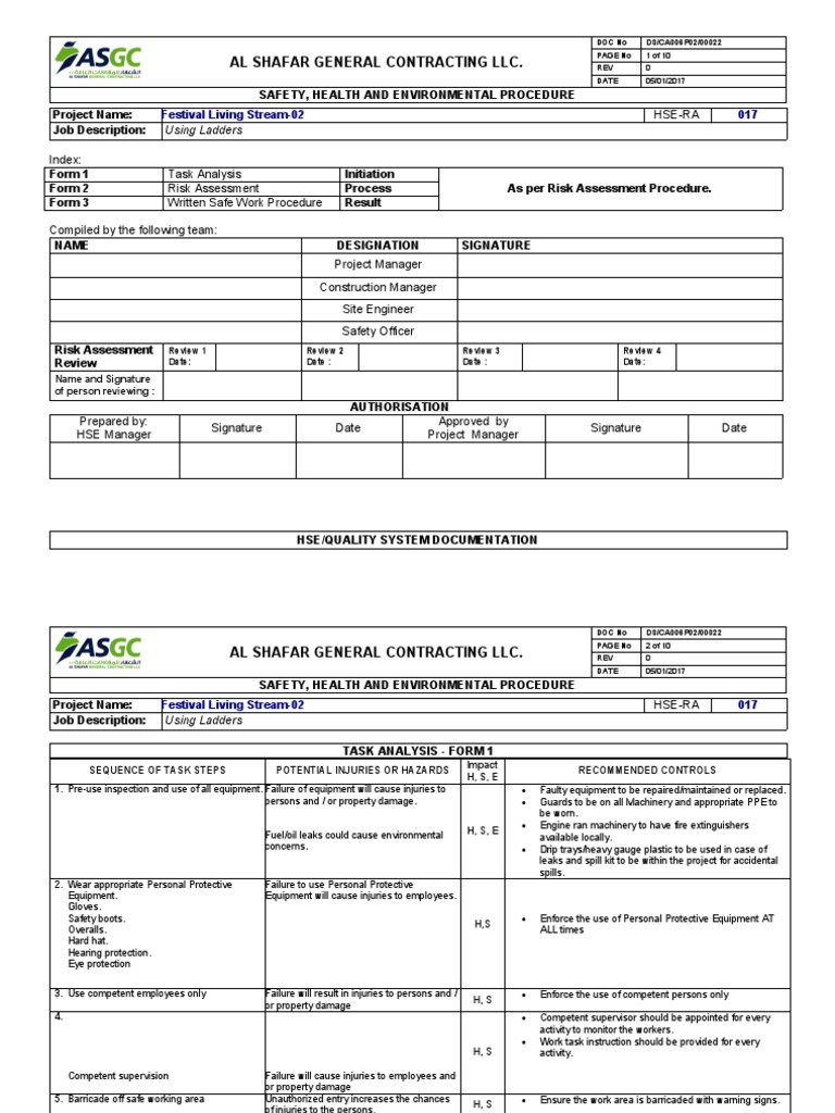 HSE-RA-017 Using Ladders - Rev 0 | PDF
