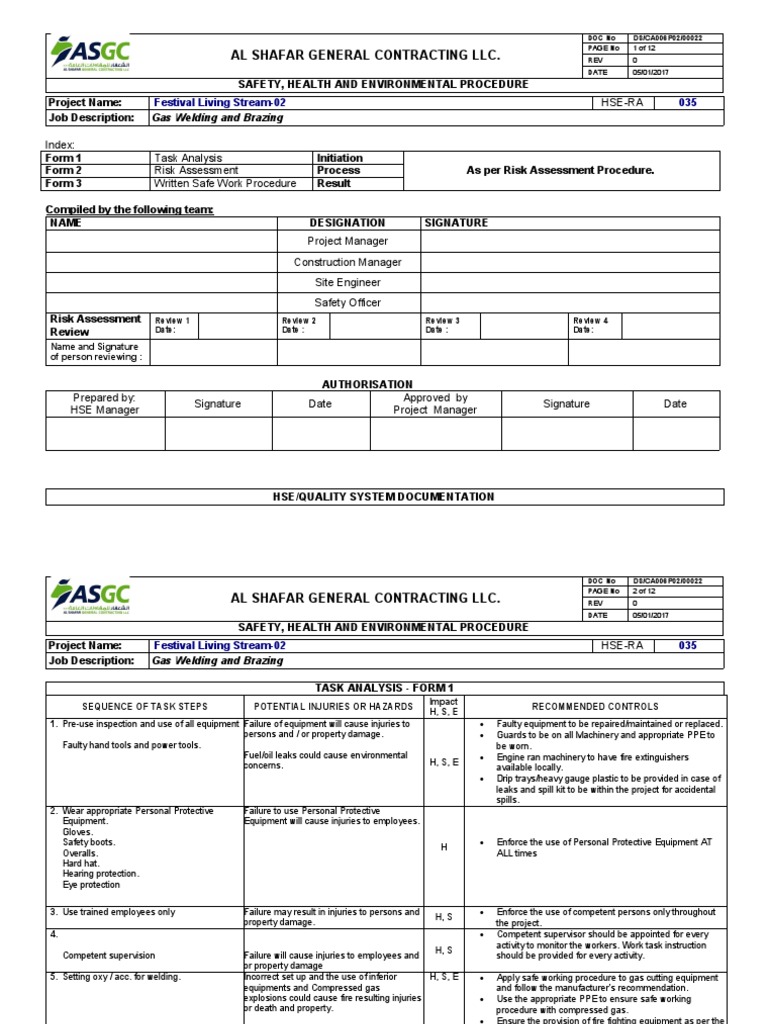 HSE-RA-035 Gas Welding and Brazing - Rev 0 | PDF