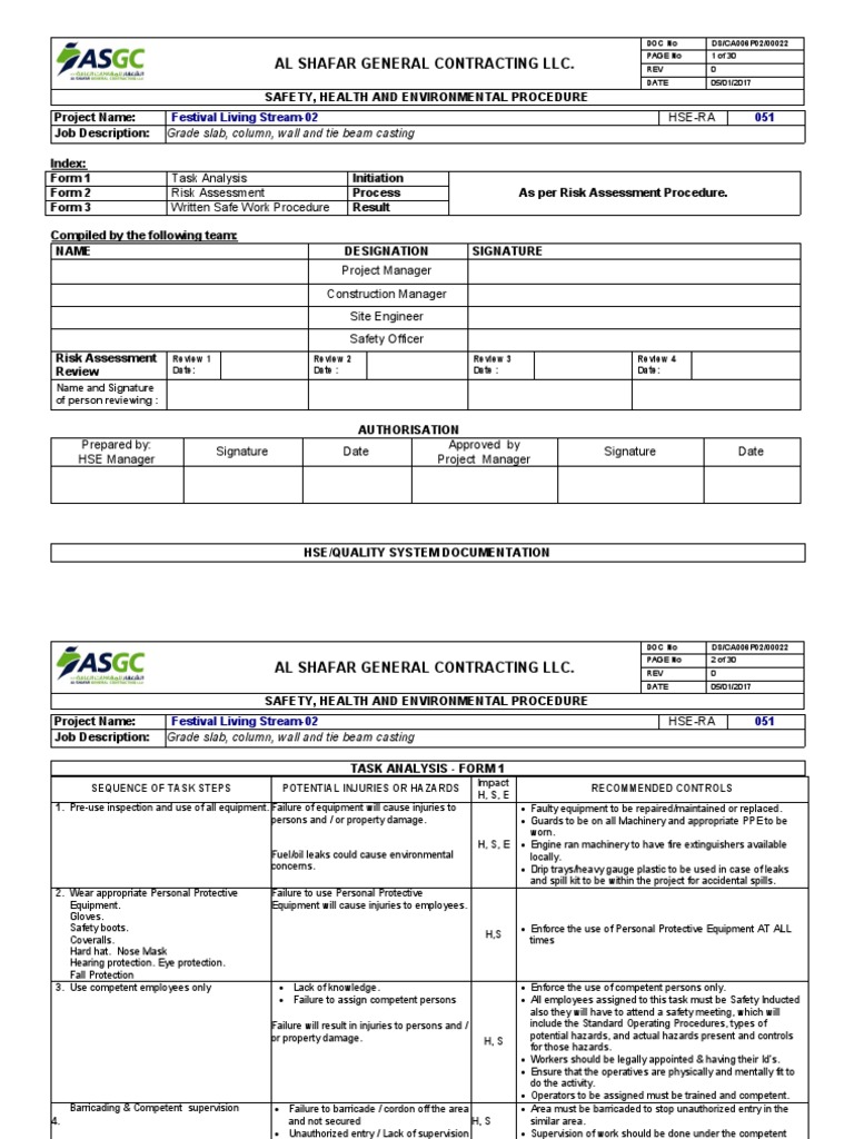 HSE-RA-051 Grade Slabs, Column, Wall and Beam Casting - Rev 0 | PDF