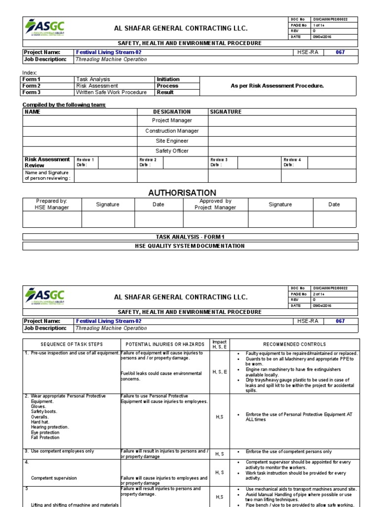 HSE-RA-067 Threading Machine - Rev 0 | PDF | Personal Protective ...