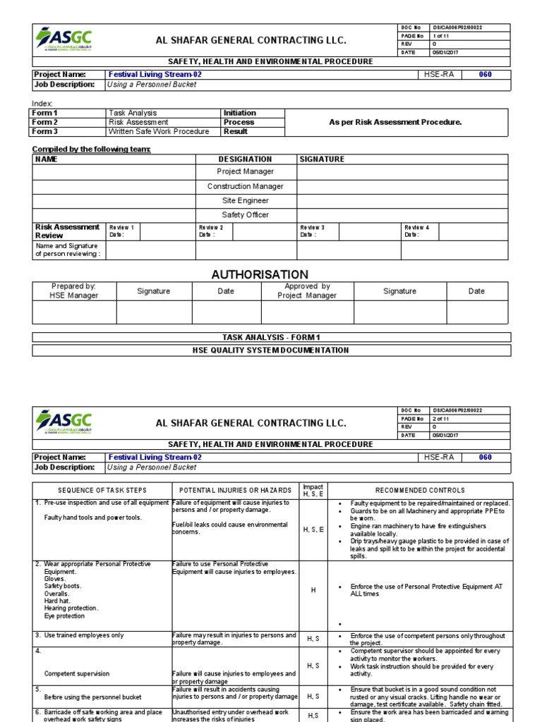 HSE-RA-060 Using A Personnel Bucket - Rev 0 | PDF | Personal Protective ...