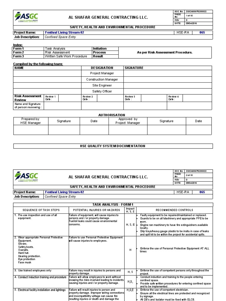 Confined Space Entry Safety Procedures | PDF