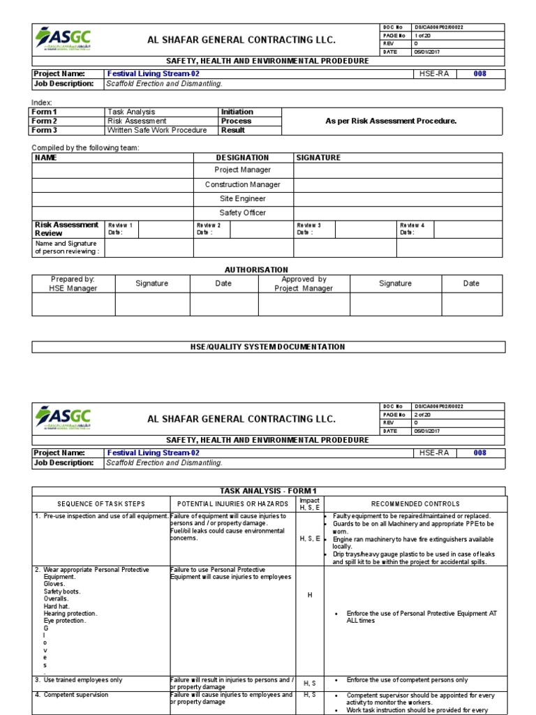 HSE-RA-008 Scaffold Erection and Dismantling - Rev 0 | PDF ...