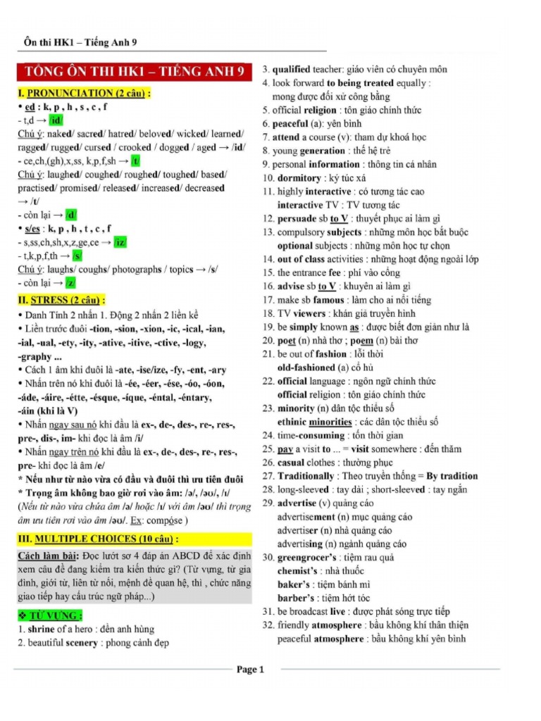 T NG Ôn HK 1 L P 9 | PDF