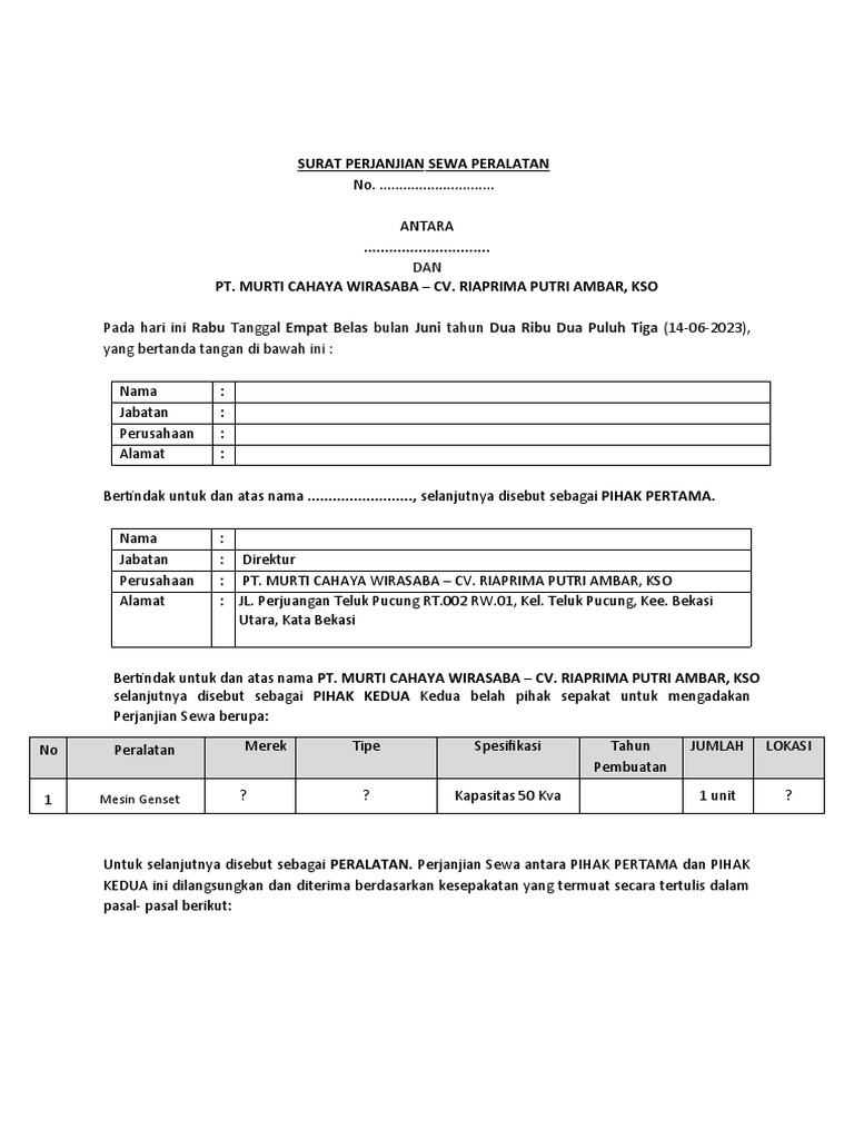 Surat Sewa Alat Mesin Genset | PDF