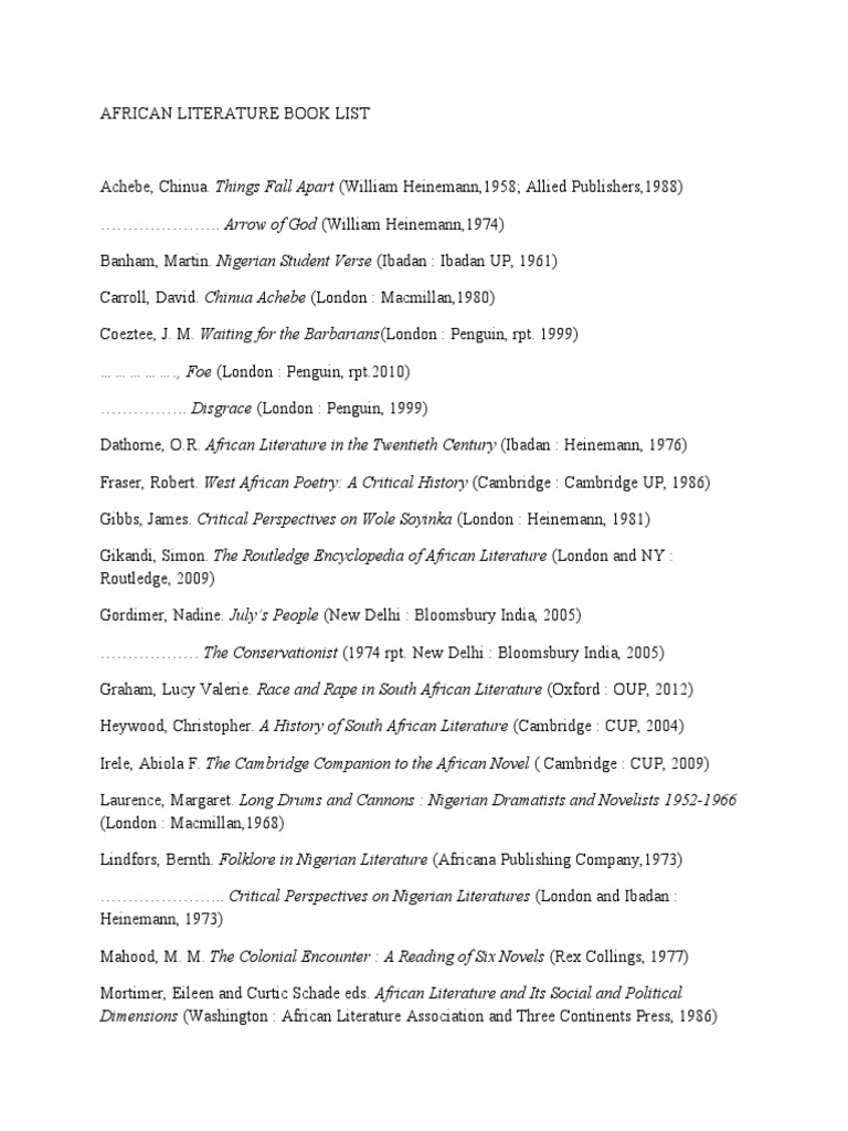 AFRICAN LITERATURE BOOK LIST | PDF