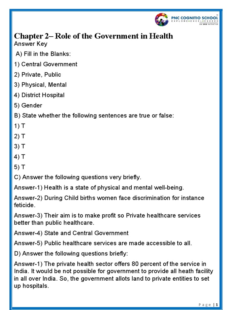 Chapter 2 - Role of The Government in Health (Answer Key) | Download ...