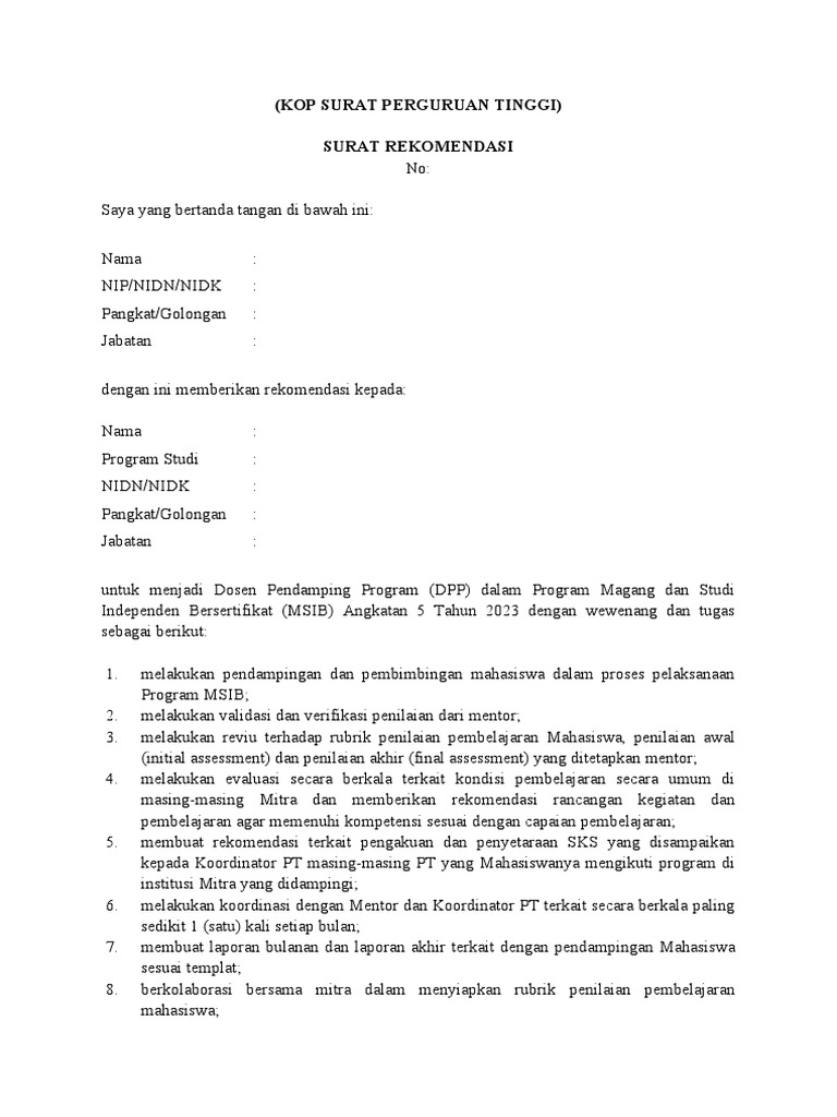 Surat Rekomendasi Pimpinan PT Untuk DPP MSIB 5 | PDF | Karier ...
