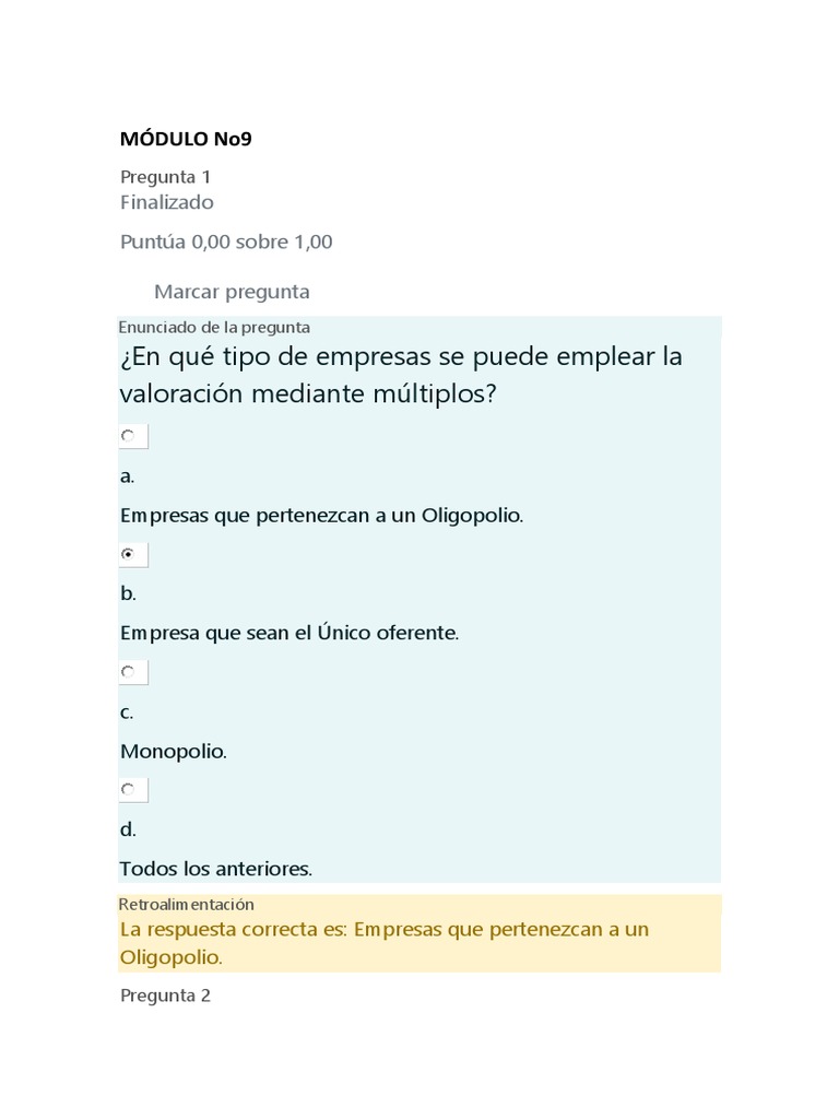 Banco de Preguntas Modulo 9 Metodos de Valoracion de Empresas | PDF