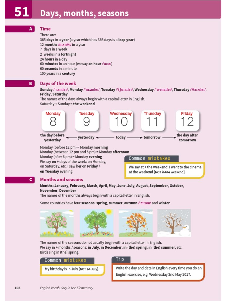 (VOCAB 51) Days, Months, Seasons | PDF | Workweek And Weekend