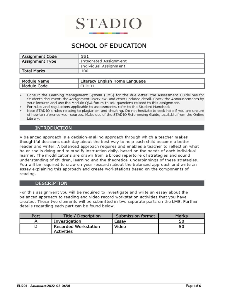 STADIO Assignment Template - ELI201-SS1-1 | PDF | Essays | Rubric ...