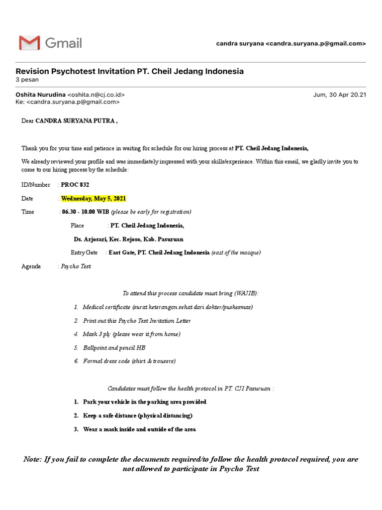 Revision Psychotest Invitation PT. Cheil Jedang Indonesia | PDF