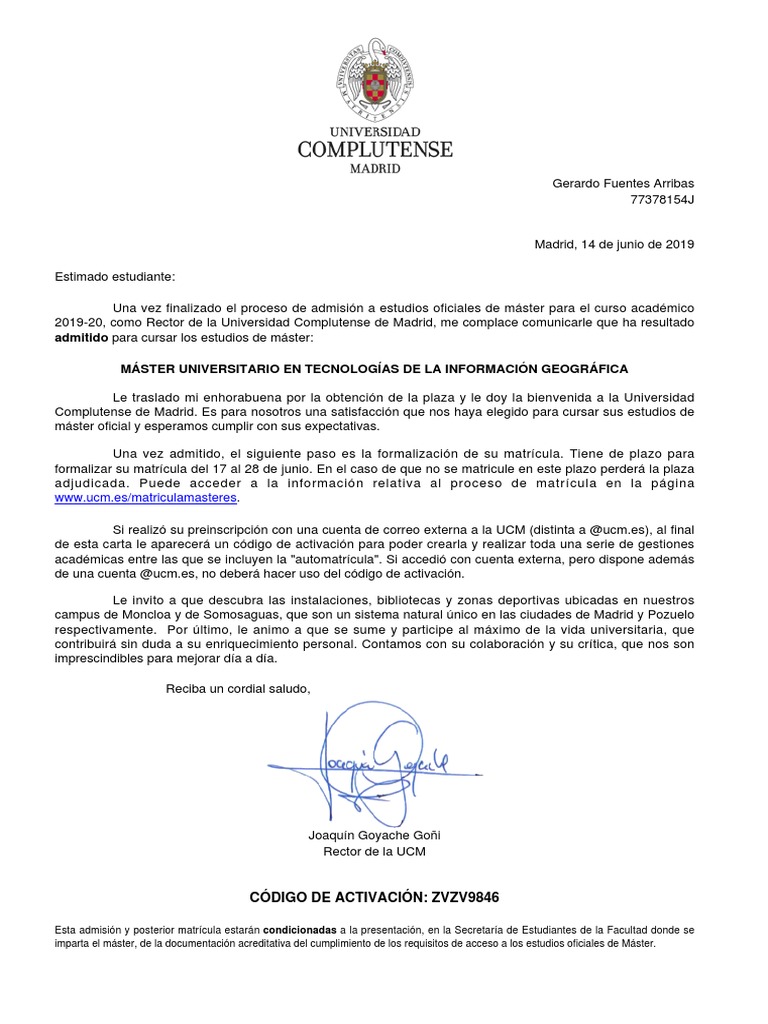 Carta de Admisión 77378154J | PDF