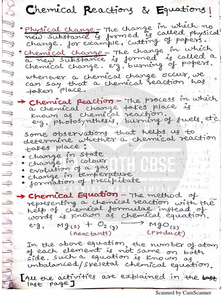 Chemical Reaction and Equation Topper's Handwritten Notes | PDF